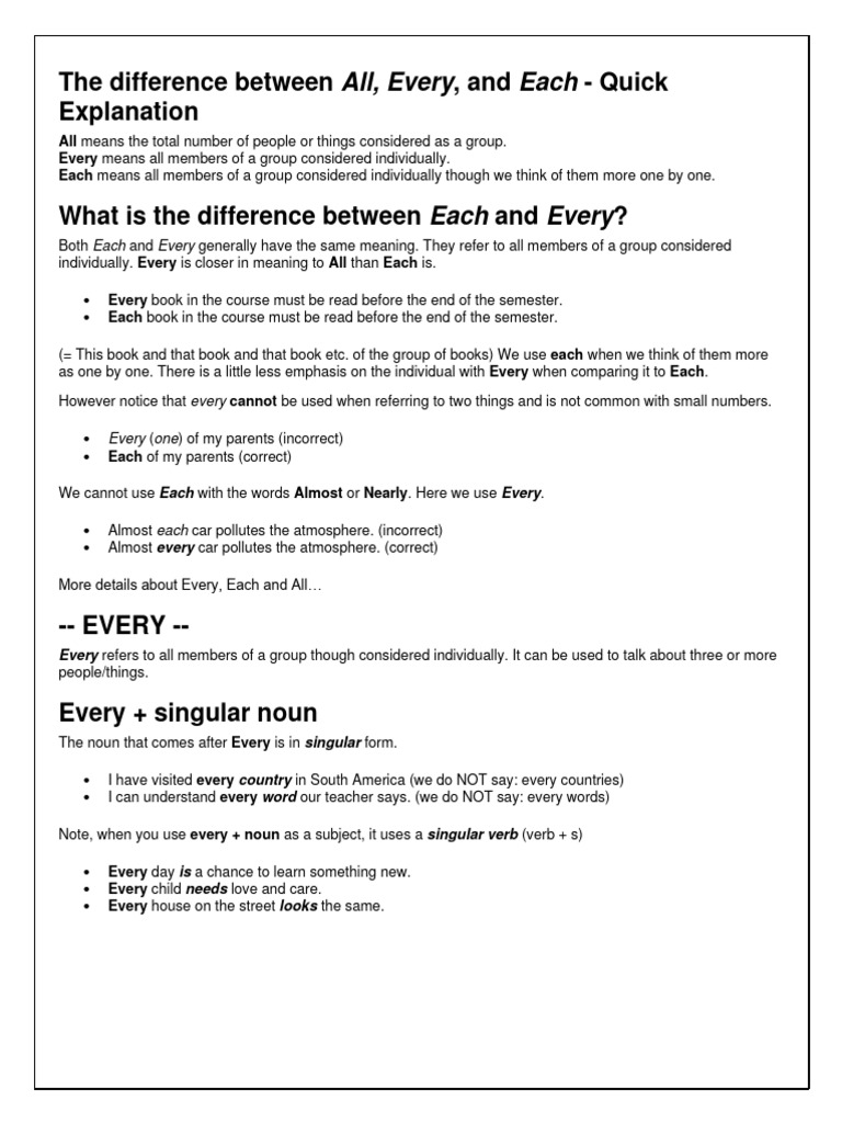 All - Each - Every | PDF | Grammatical Number | Plural