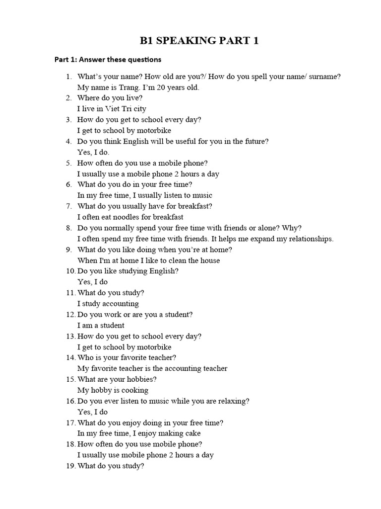 B1 SPEAKING PART 1 | PDF