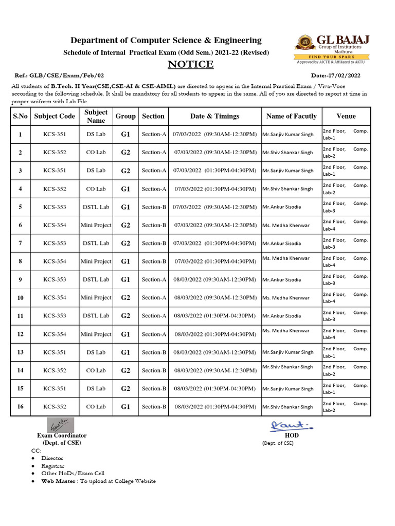 B.Tech CSE Practical Exam Schedule | PDF
