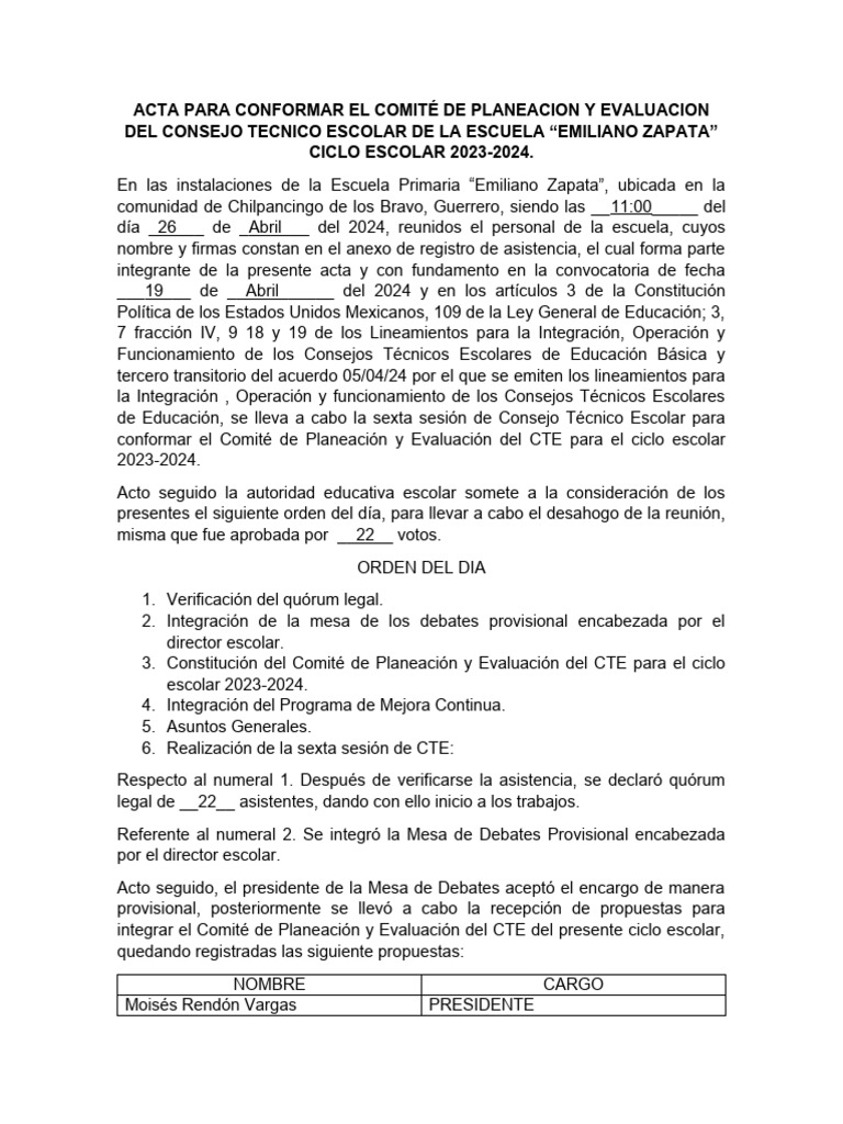Acta para Conformar El Comité de Planeacion y Evaluacion Del Cte TV ...