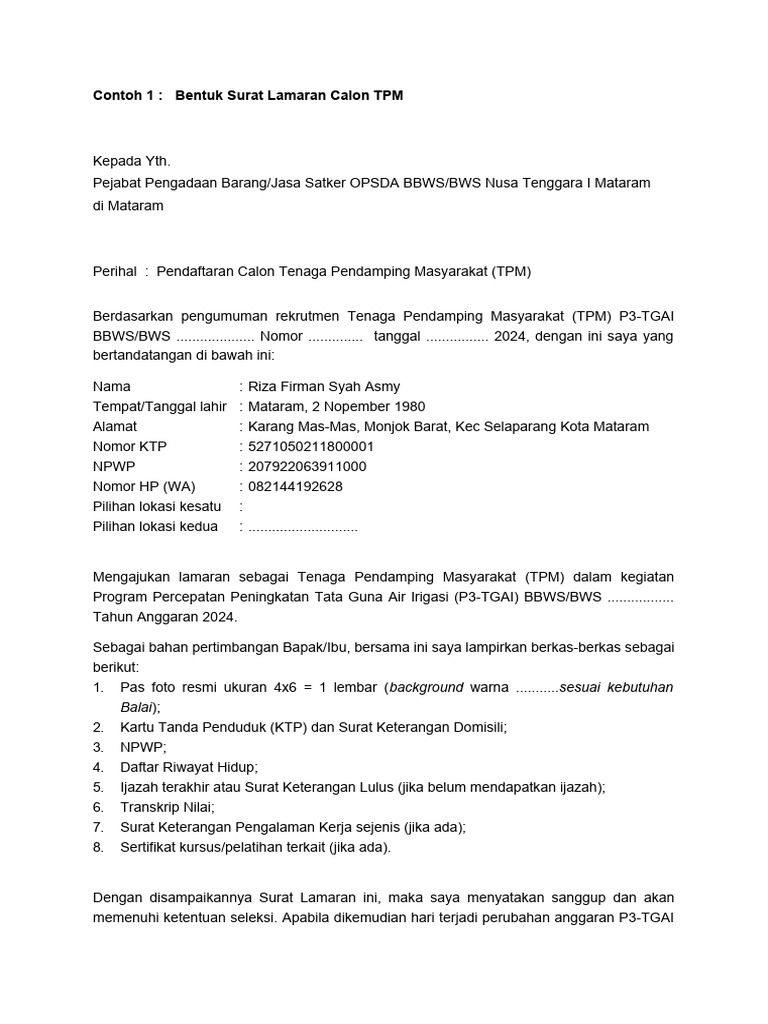 4. Contoh Format Lampiran Rekrutmen TPM TA 2024 | PDF
