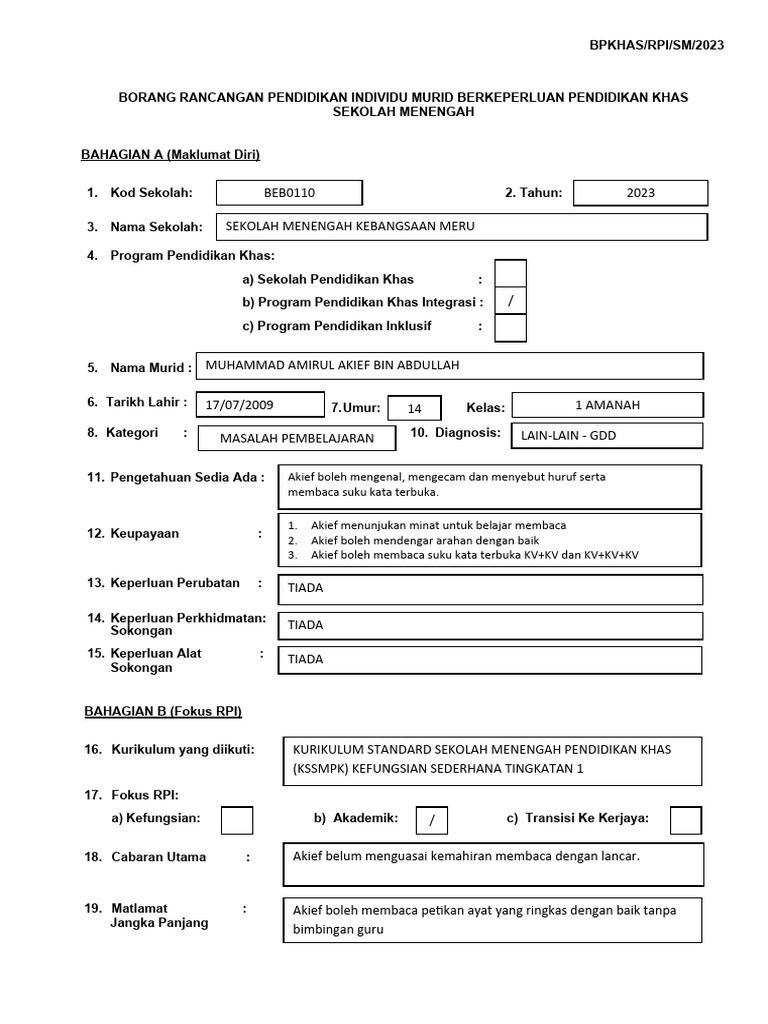 Borang RPI Sekolah Menengah - MUHAMMAD AMIRUL AKIEF BIN ABDULLAH | PDF
