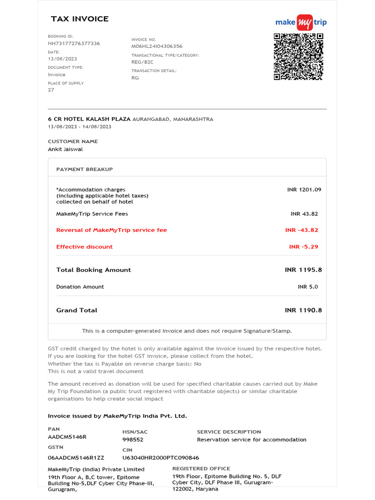 Hotel Bill 13 Aug Aurangabad | PDF | Invoice | Payments