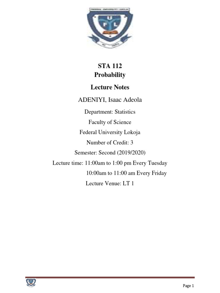 Course1 STA 112 Notes 2021 Latest | PDF | Statistics | Probability