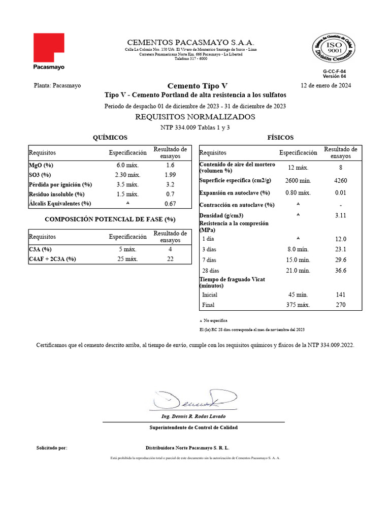 Pacasmayo Tipo V | PDF | Cemento | Sector secundario de la economía