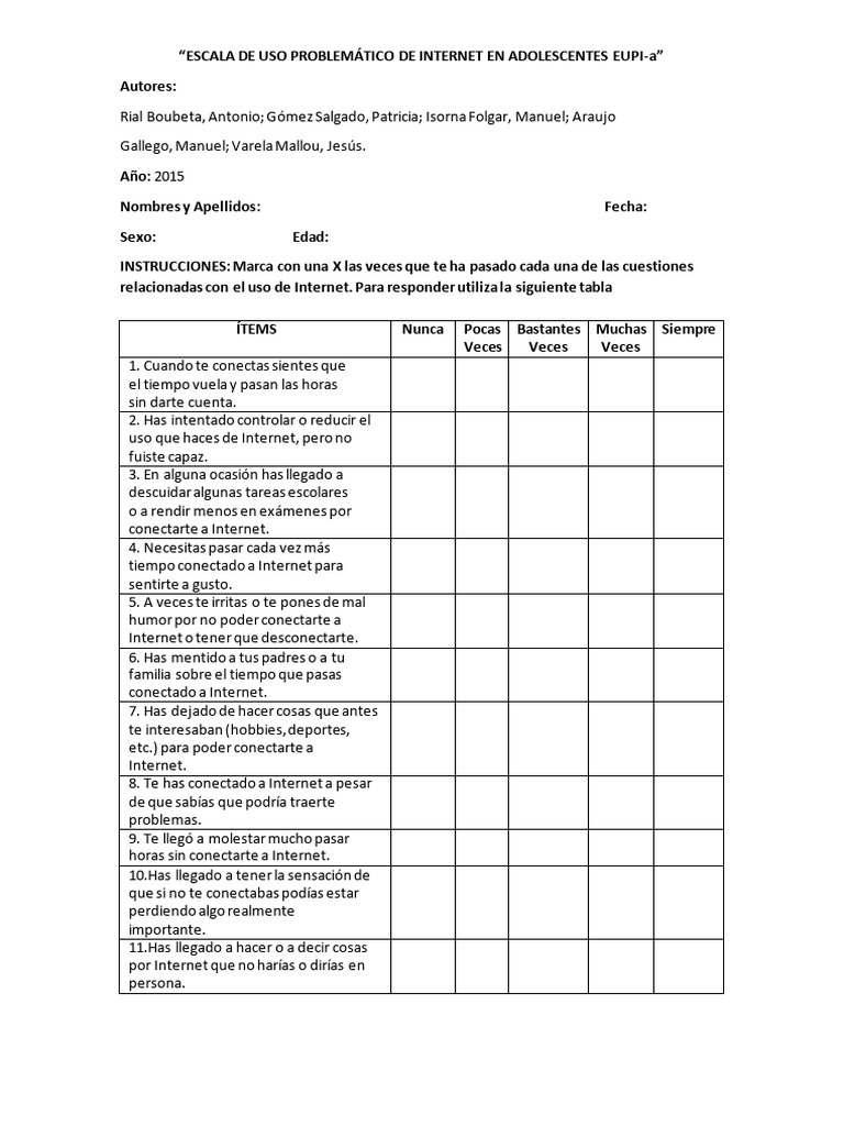 ESCALA DE USO PROBLEMÁTICO DE INTERNET EN ADOLESCENTES EUPI | PDF
