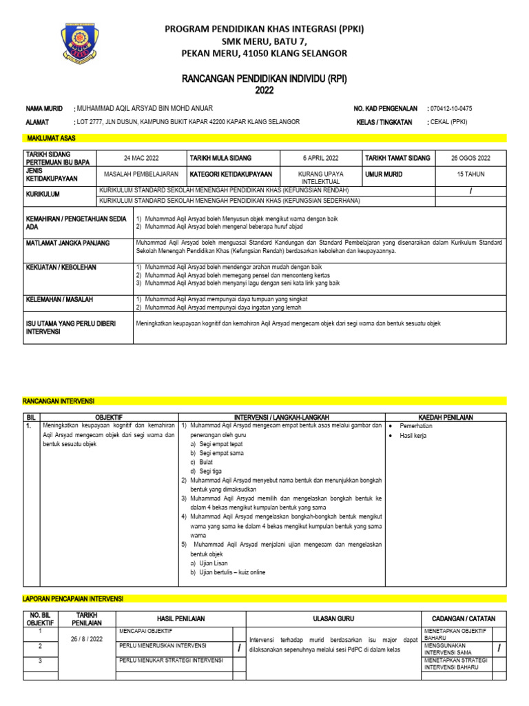 MUHAMMAD AQIL ARSYAD - BORANG RPI 2022 | PDF
