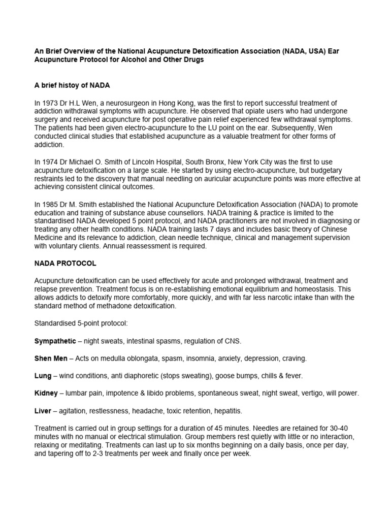 nada-protocol | PDF | Detoxification | Substance Dependence
