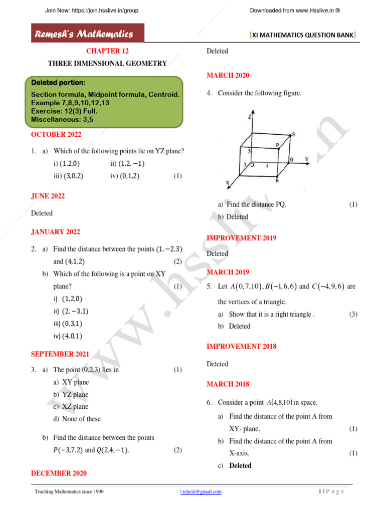 Hsslive-Xi-Maths-Qb-12. THREE DIMENSIONAL GEOMETRY | PDF | Triangle ...