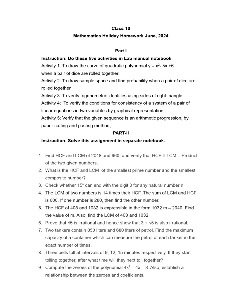 Class 10 Math Holiday Homework 2024 | PDF | Polynomial | Numbers
