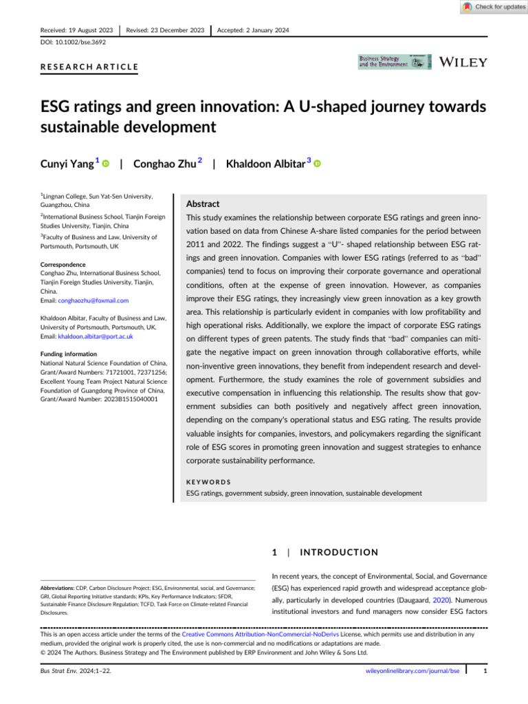 Bus Strat Env - 2024 - Yang - ESG Ratings and Green Innovation A U Shaped Journey Towards ...