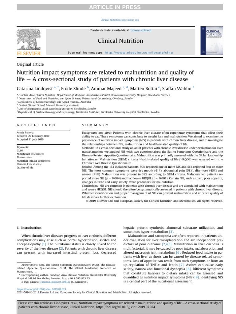 Nutrition impact symptoms are related to malnutrition and quality of ...