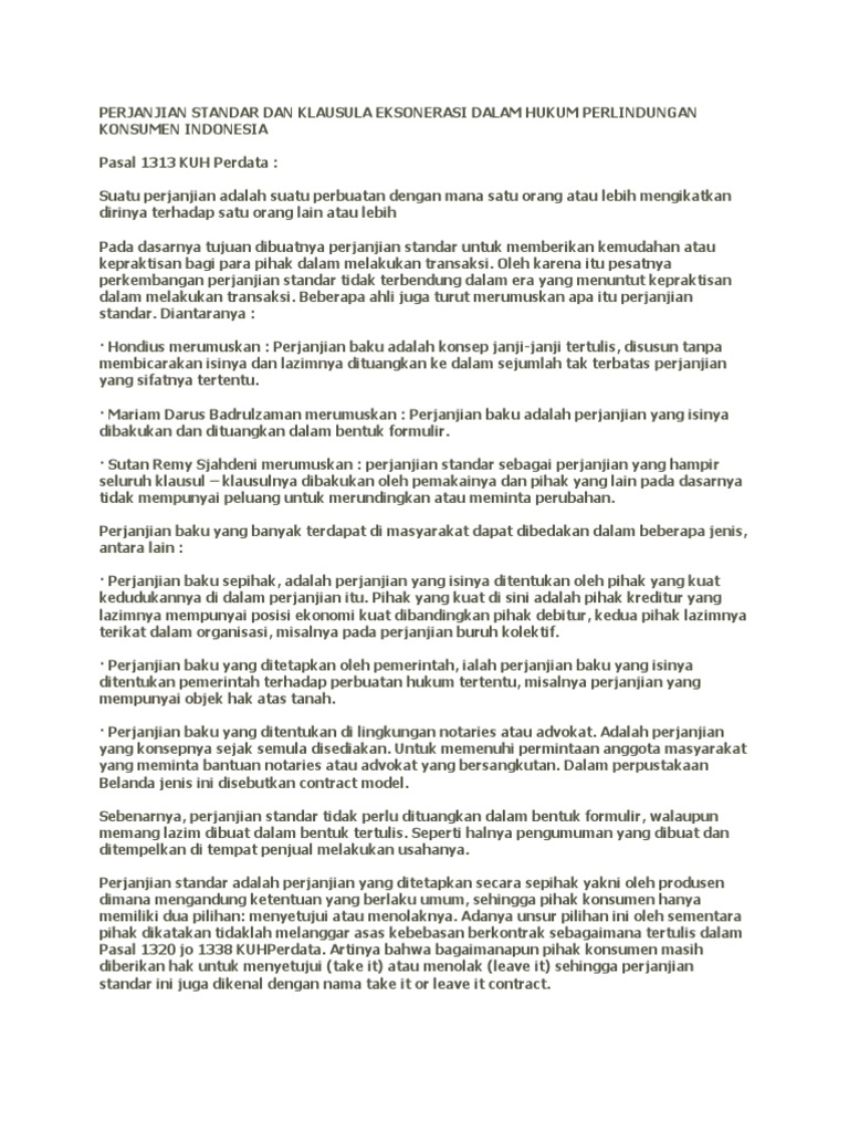 Perjanjian Standar Dan Klausula Eksonerasi Dalam Hukum An Konsumen ...