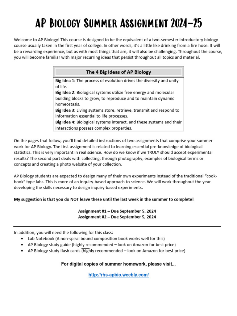 Ap Bio Summer Homework 2024 | PDF | Standard Deviation | Mean