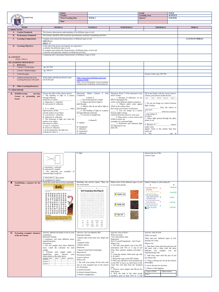 Science 4 Q4 Week 1 DLL | PDF | Soil | Mirror