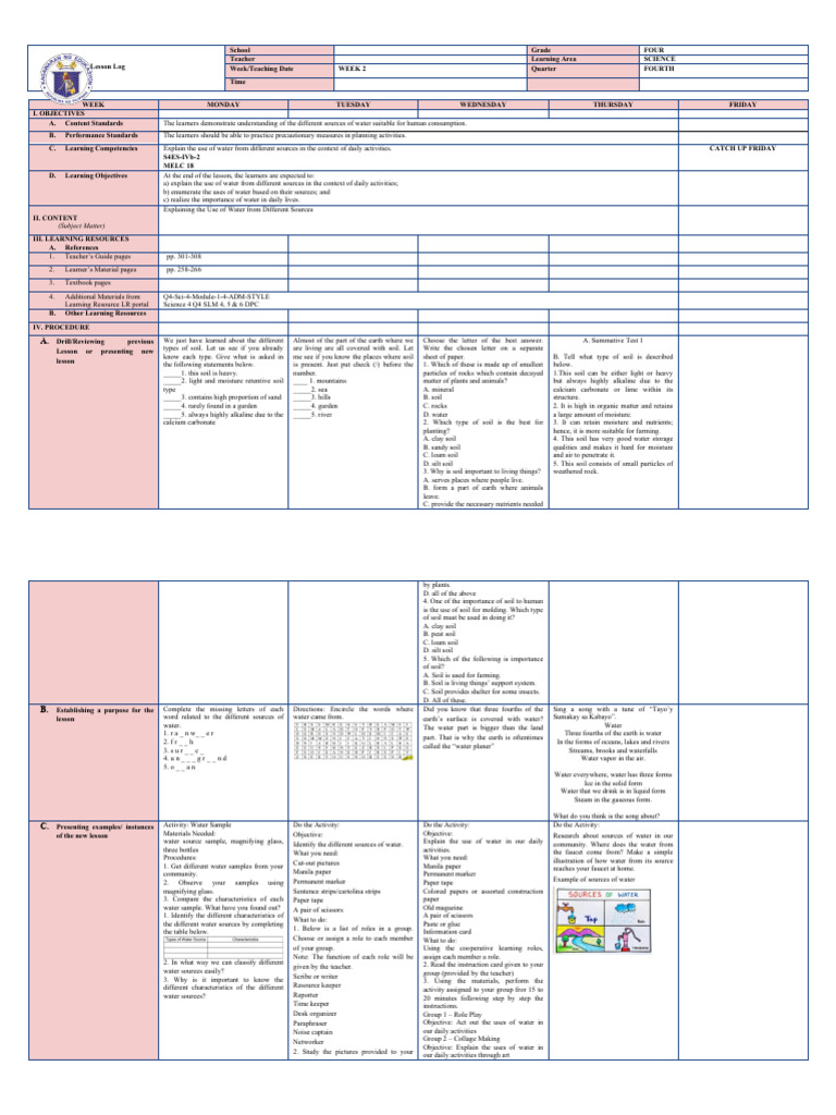 Science 4 Q4 Week 2 DLL | PDF | Water | Soil