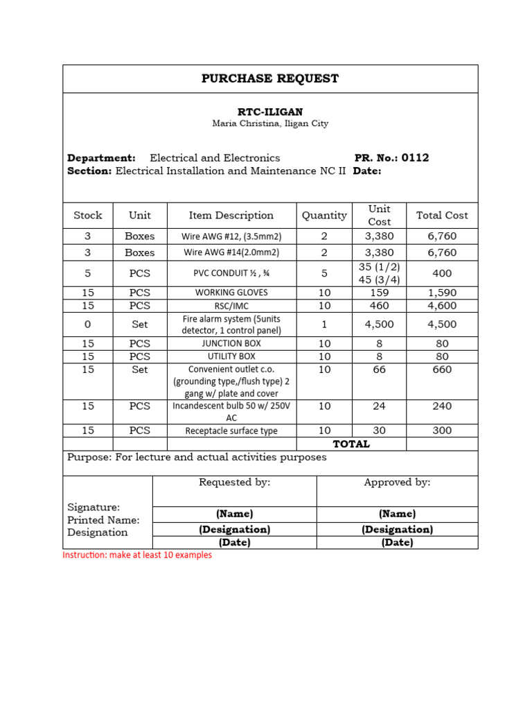 10 Purchase Request (TORRES) | PDF | Wire | Electrical Components