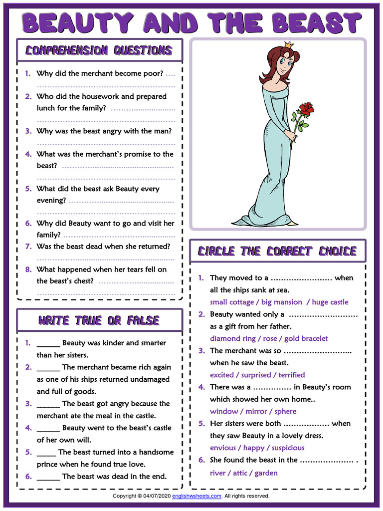 beauty and the beast esl printable reading comprehension questions ...
