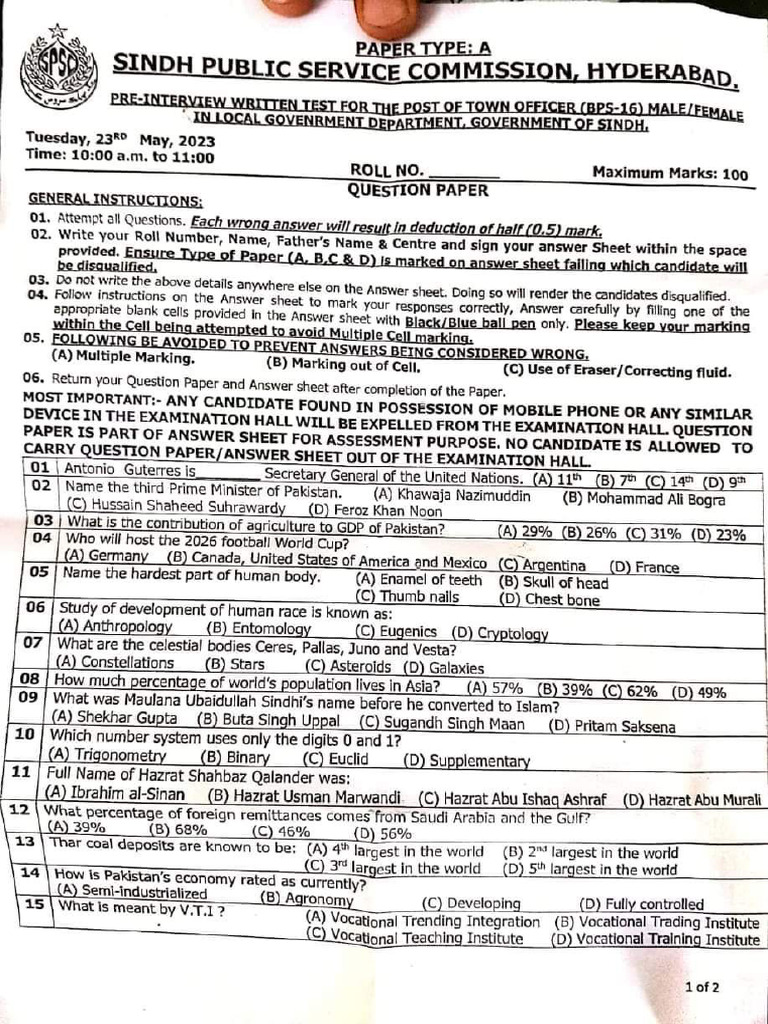 Today's SPSC Town Officer (BPS-16) Paper A (23 May 2023) | PDF