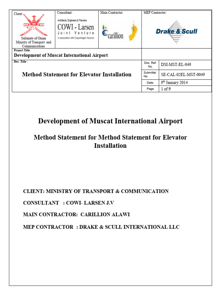 MS Rev. 0method Statement For Elevator Installation | PDF | Quality ...