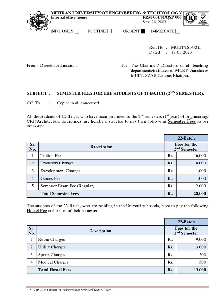 215-17!05!2023-Circular For The Payment of Semester Fee of 22 Batch-1 | PDF | Fee