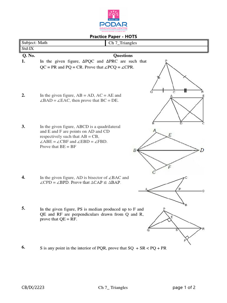 Practice Sheet 4 - CH 7 - Triangles - HOTS-2 | PDF