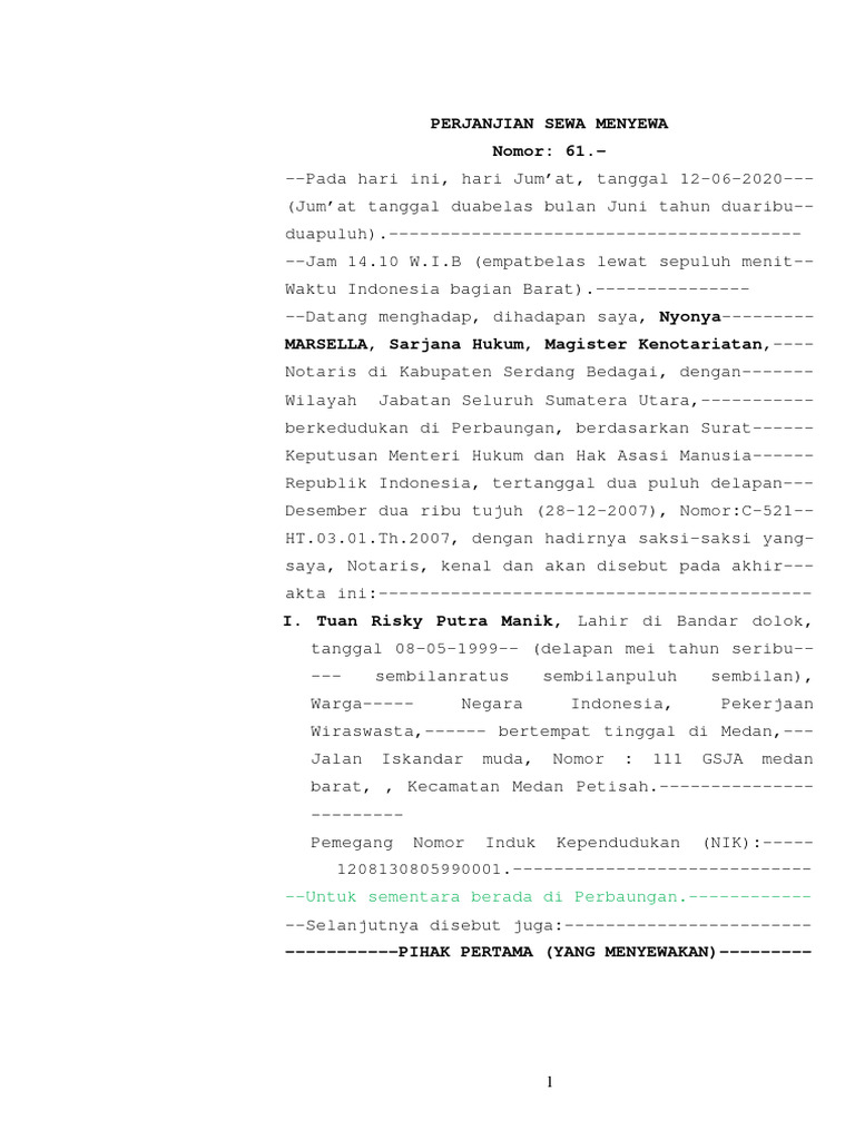 Tuty Hartati Saragih - Tugas Surat Perjanjian Sewa Menyewa | PDF