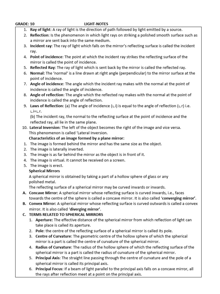LIGHT NOTES New | PDF | Mirror | Refractive Index