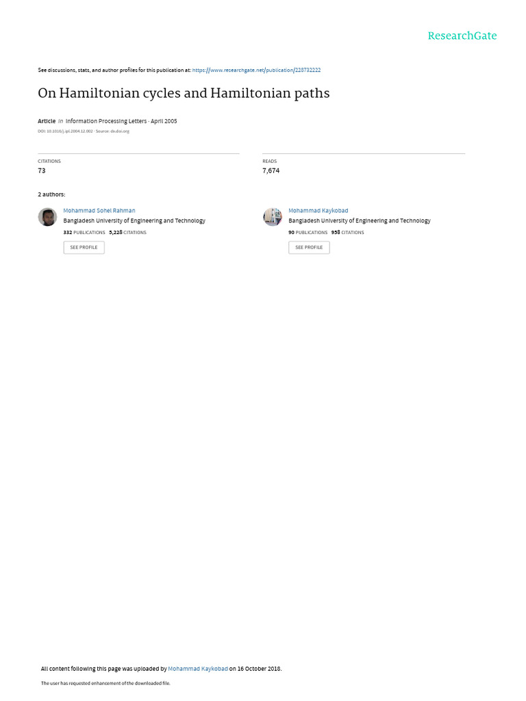 On Hamiltonian Cycles and Hamiltonian Paths | PDF | Computational Complexity Theory | Combinatorics
