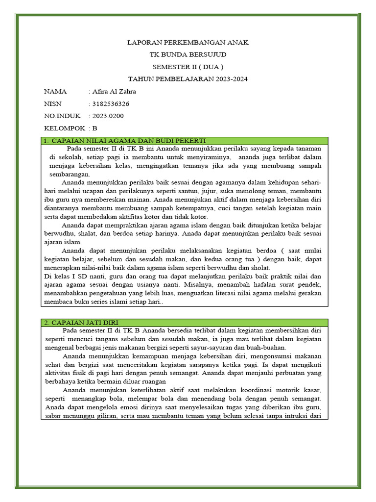 LAPORAN PERKEMBANGAN ANAK | PDF