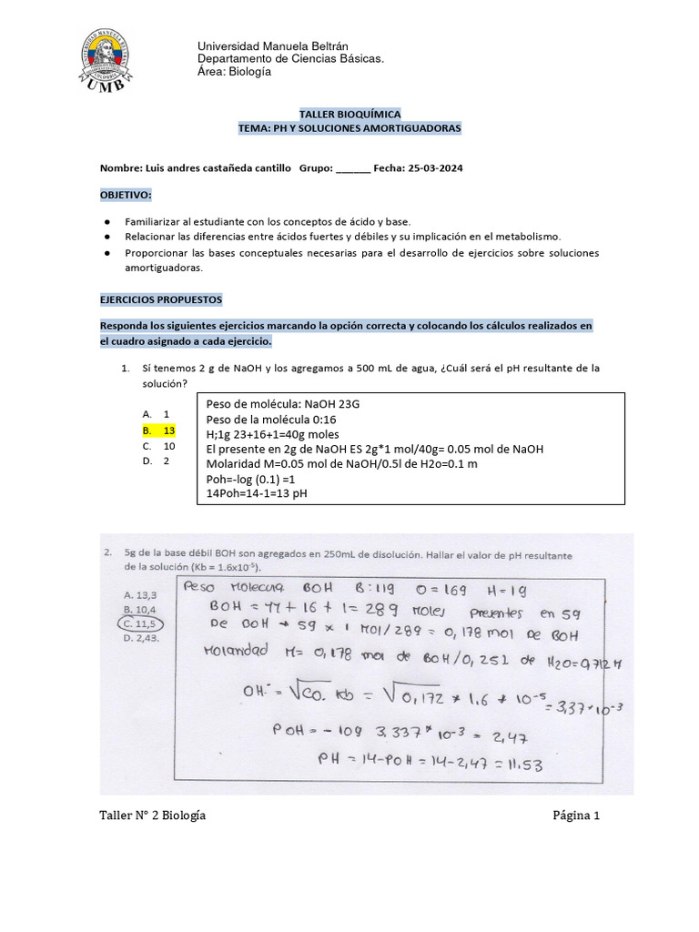 Taller 1 PH y Soluciones Amortiguadoras | PDF | Solución tampón | Tripsina
