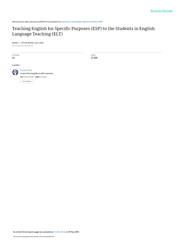 Teaching English For Specific Purposes (ESP) To The Students in English Language Teaching (ELT ...
