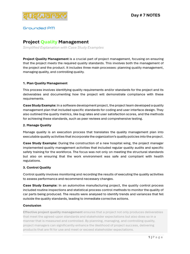 Project Quality Management Crisp Notes | PDF | Quality Management | Risk