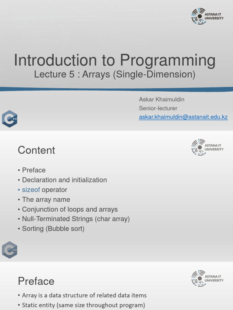 Lecture 5 - Arrays (Part 1) | PDF | Computer Data | Computer Programming Lecture 5 - Arrays (Part 1) | PDF | Computer Data | Computer Programming