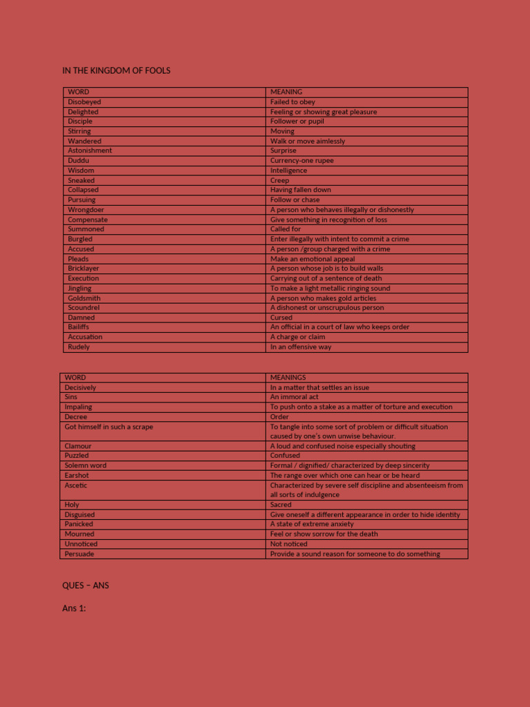 4-KINGDOM OF FOOLS- WORD MEANINGS AND QUES ANS 1 | PDF
