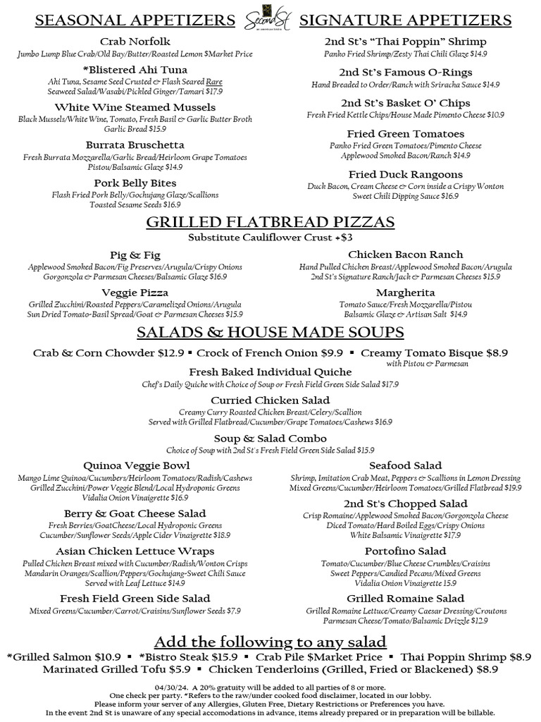 Second Street Lunch Dinner Summer 2024 | PDF | Hamburgers | Salad