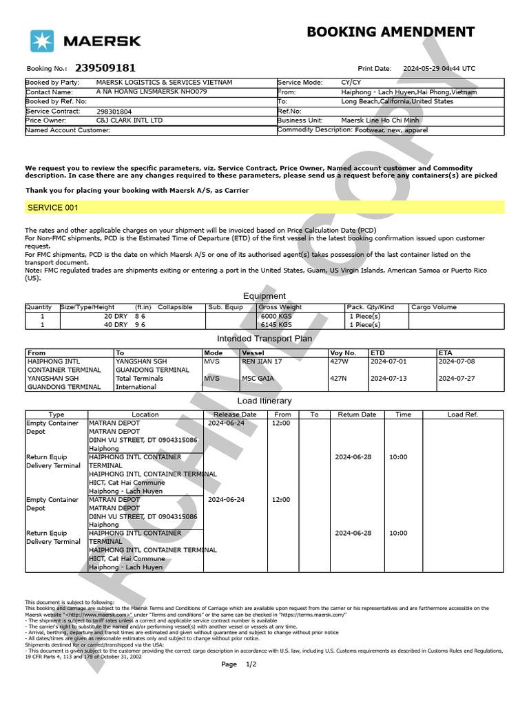 Maersk Booking Amendment Confirmation Pdf Cargo Freight Transport