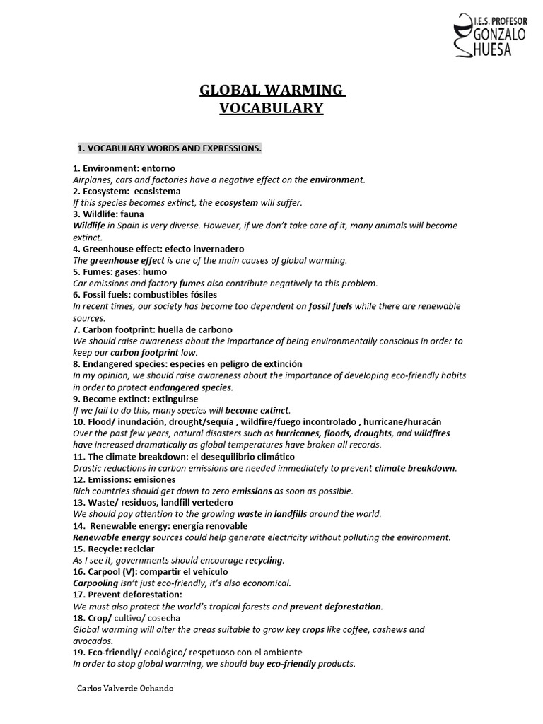 Global Warming Vocabulary Guide | PDF | Climate Change | Natural ...