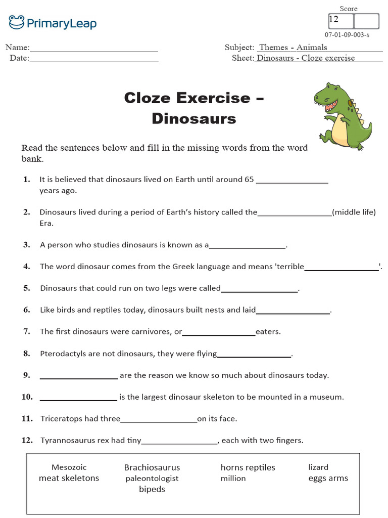 Dinosaur Cloze Exercise Worksheet | PDF | Young Adult