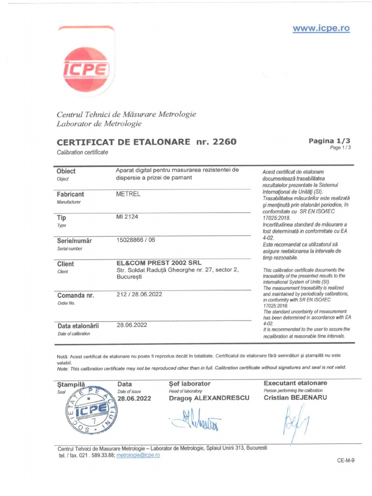 Certificat Etalonare 1 Ionel | PDF