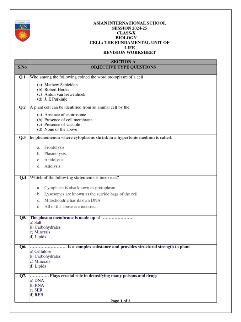 Class Ix Cell Revision Worksheet | PDF | Cell (Biology) | Cell Membrane