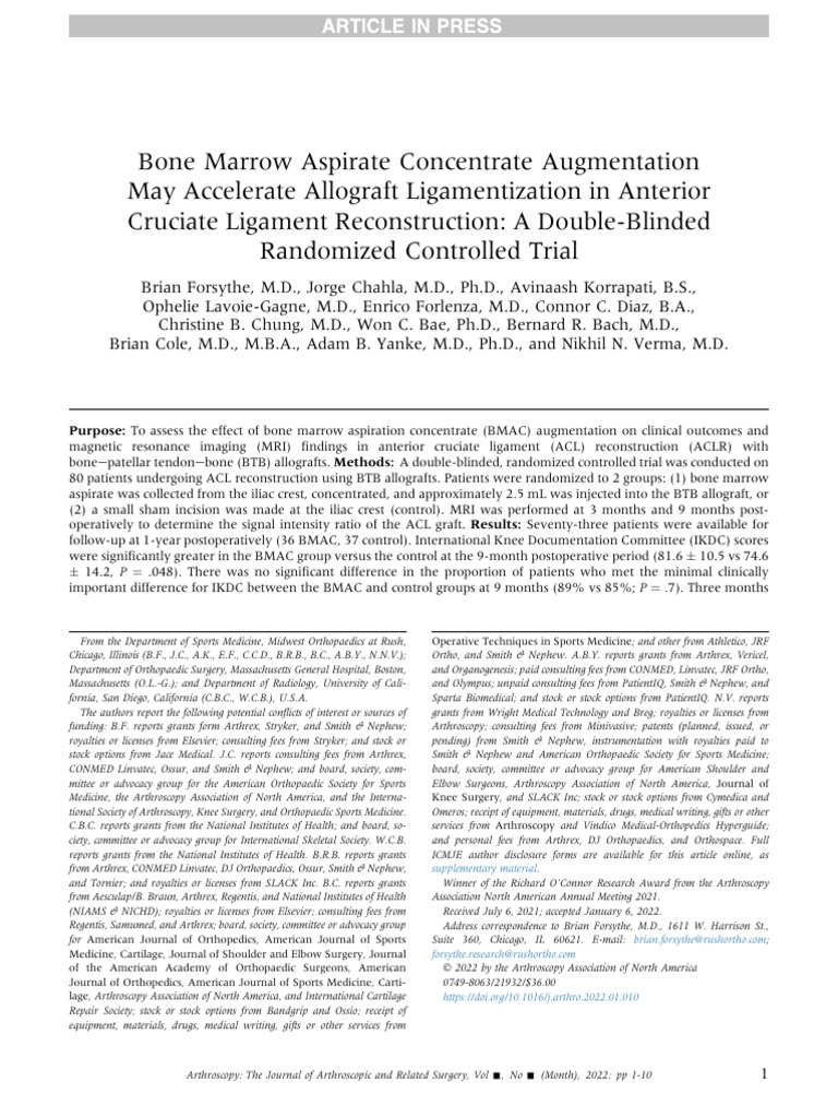 Acl Reconstruction With Bone Tendon Bone Allografts Improved With Bmac Injection | PDF | Knee ...