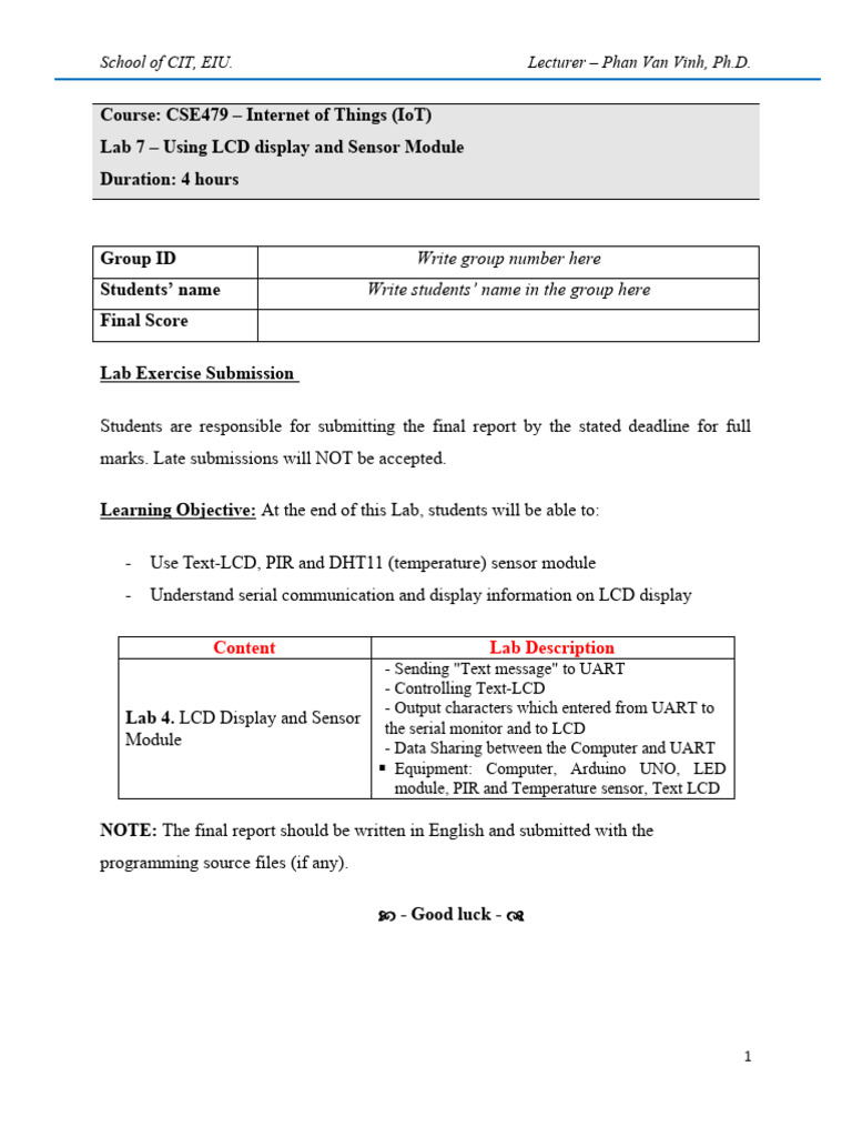 Lab 7 - Using LCD and Sensor Module | PDF | Arduino | Sensor