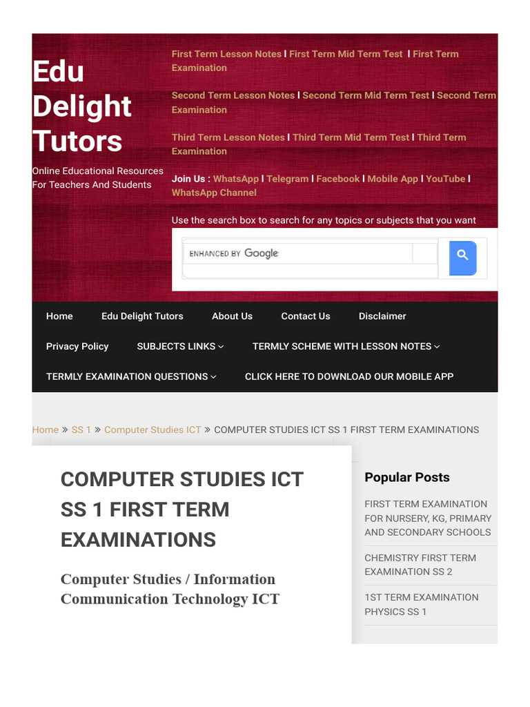 Computer Studies Ict Ss 1 First Term Examinations - Edu Delight Tutors | PDF | Computer Keyboard ...