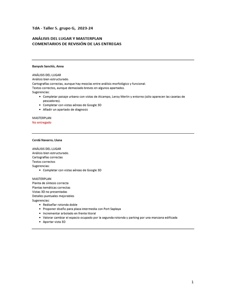 TdA-G Comentarios Revisión Entregas URB | PDF