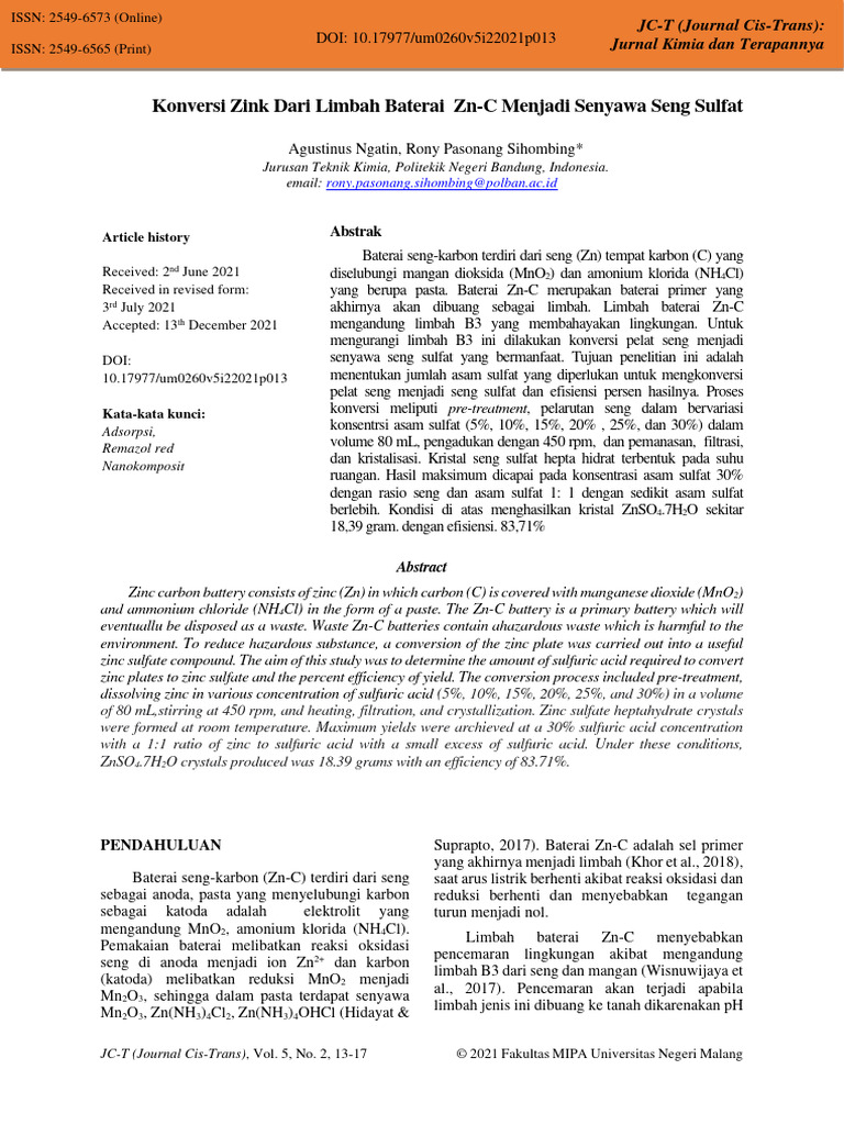 Konversi Seng Dari Limbah Baterai ZN-C Menjadi Sen | PDF