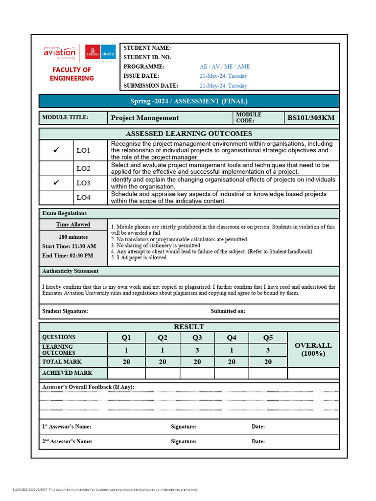 Project Management BS101/303KM Assessed Learning Outcomes: LO1 LO2 LO3 ...