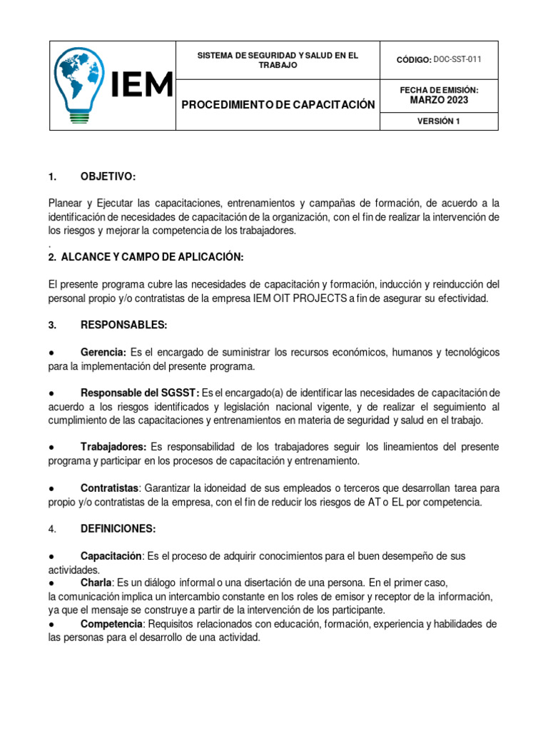 DOC-SST-011 - Procedimiento de Capacitacion | PDF | Evaluación | Business