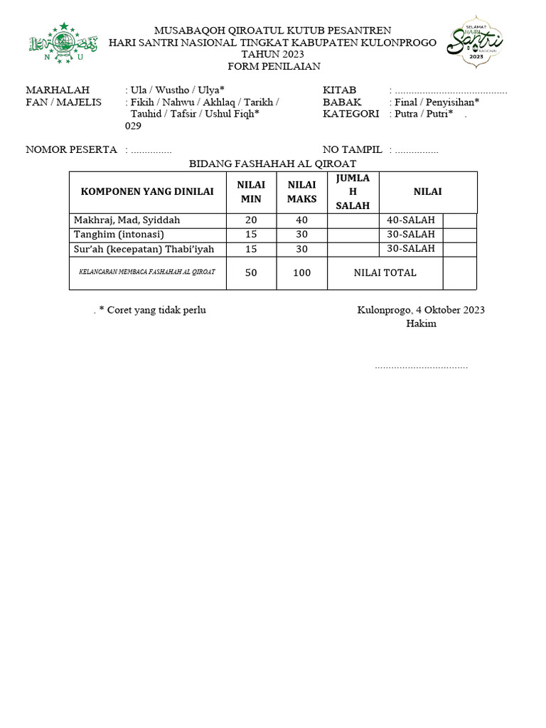 Penilaian Musabaqoh Qiroatul Kutub 2023 | PDF