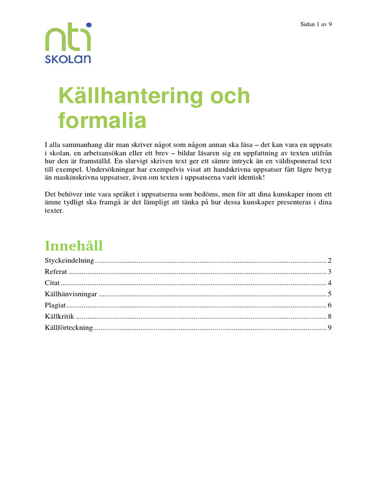 Källhantering och formalia | PDF